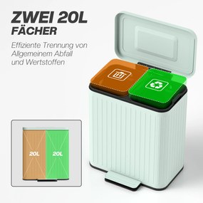 Küchenmülleimer, 2 x 20 L-Fächer, effiziente Mülltrennung, Fußpedal, Kunststoff, Metall, Grün