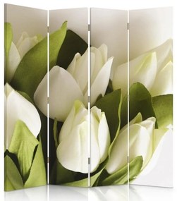 Ozdobný paraván Bílé květy tulipánů - 145x170 cm, čtyřdílný, obustranný paraván 360°