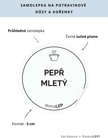 Samolepka na kořenky PEPŘ MLETÝ průhledná 5 cm tučné písmo