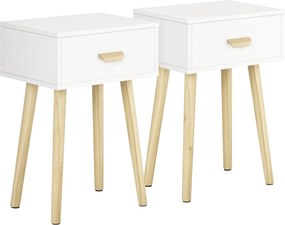 HOMCOM Sada 2 Nočních Stolků se Zásuvkou a Dřevěnými Nohami pro Ložnici, Obývací Pokoj nebo Kancelář, Moderní Styl 40,5x30,5x60 cm Bílá | Aosom