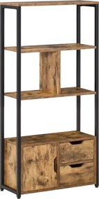 HOMCOM Knihařský regál s kabinetem a 2 úložnými šuplíky, průmyslový styl, 58x24x122 cm, rustikální hnědá