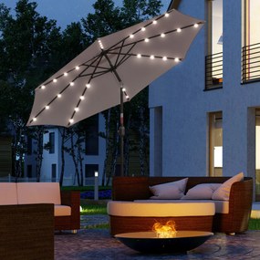Outsunny Zahradní Slunečník Ø265 cm s 32 Solárními LED Světly, Ocelový Sloupek a Kloubový Mechanismus pro Šedou Terasu