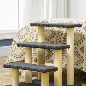PawHut Kočičí Schody 3-Stupňové, 48 cm Pet Schody s Sisalovým Sloupem, Psí Schody s Hračkou, Pomůcka pro Vstup na Vyšší Postele, Borovicové Dřevo, Še…