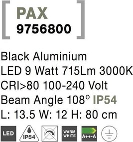 NV 9756800 Venkovní sloupkové svítidlo PAX černý hliník LED 9W 3000K 100-240V 108st. IP54 - NOVA LUCE
