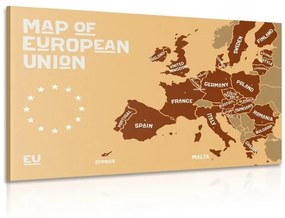 Obraz naučná mapa s názvy zemí evropské unie v odstínech hnědé - 120x80 cm