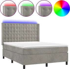 Box spring postel s matrací a LED světle šedá 140x200 cm samet 3139805