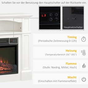 HOMCOM Elektrokamin s 3D LED efektem plamene, topná kapacita 30 m², dálkové ovládání, bílá/černá