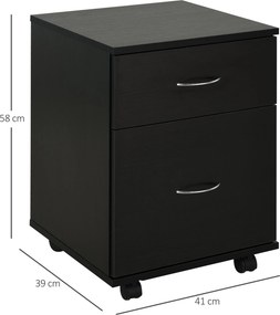 HOMCOM Dřevěný mobilní archivar s kolečky a 2 šuplíky, kancelářský a domácí filing kabinet 41x39x58cm Černý