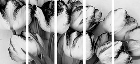 5-dílný obraz jarní tulipány v černobílém provedení - 100x50 cm