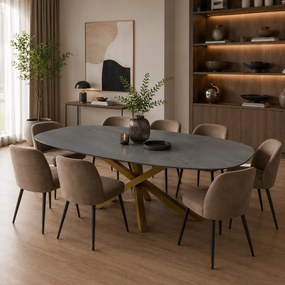 Jídelní stůl ROYAL GRIGIO – 230 × 130 cm, keramická deska 24 mm Shark Nose, zlatá podnož VALETTA M