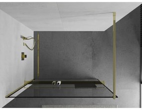 Mexen Kioto+, sprchová zástěna s poličkou a držákem na ručníky 140 x 200 cm, 8mm čiré sklo vzor černý rám, zlatý profil, 800-140-121-50-70