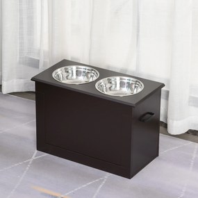 PawHut miska na krmivo pro psy s úložným prostorem 2 misky krmící stanice nerezová miska pro kočky MDF nerezová ocel Espresso 60 x 30 x 41 cm