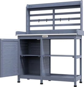 Dřevěný zahradnický stůl Outsunny se skříňkou a pracovní deskou 112x47x146cm šedý, 2 police a 4 háčky pro milovníky zahrady |