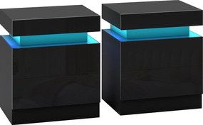 HOMCOM sada 2 LED nočních stolků s 16 barvami a 4 režimy se 2 šuplíky, z dřeva, 45x35x52 cm, černá
