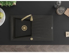 Mexen Cesar, granitový dřez 775x470x190 mm, 1-komorový, černá-zlatá metalíza se zlatým sifonem, 6514771010-75-G