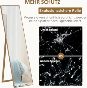 HOMCOM Stojací zrcadlo s dřevěnou strukturou Zrcadlo v plné délce Toaletní zrcadlo Make-up zrcadlo Stříbrná světle hnědá 40 x 35 x 147 cm do ložnice …