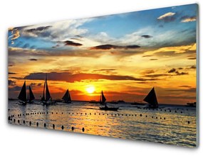 Obraz na skle Loďky Moře Slunce Krajina 125x50 cm