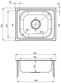 Deante Techno, nerezový dřez na desku 1-komorový B/O 500x400x150 3,5'' + sifon, vzor dekor, ZEU_310A