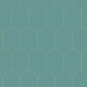 Tyrkysová vliesová tapeta, geometrický obloukový vzor 139204, Art Deco, Esta
