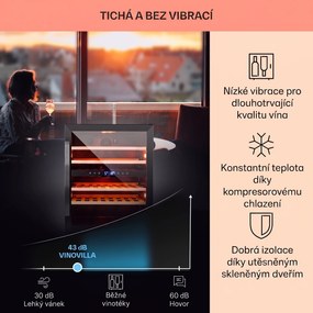 Klarstein Vinovilla Onyx 43, vinotéka, 129 l/43 lahví, 2 zóny, 3 barvy LED osvětlení, skleněné dveře