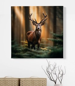 Obraz na plátně - Jelen hrdě stojí v jehličnatém lese FeelHappy.cz Velikost obrazu: 80 x 80 cm