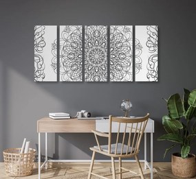 5-dílný obraz abstraktní květinová Mandala v černobílém provedení - 100x50 cm