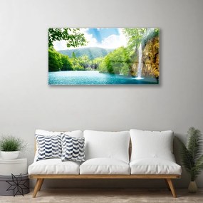 Obraz na skle Vodopád Jezero Příroda 140x70 cm
