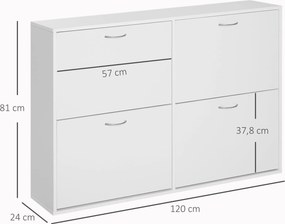 HOMCOM Bílý botník Moderní organizér na boty se 4 výklopnými šuplíky a nastavitelnými policemi pro 16-24 párů bot do předsíně 120x24x81 cm