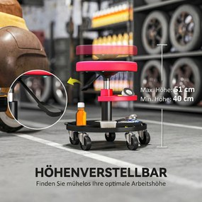 HOMCOM V dílně s kolečky – nastavitelné výškové stolky 40-51 cm – stolička s otočným sedadlem až 135 kg – stolička do dílny Ø38 cm – červená