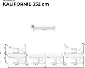 Ral Obývací stěna KALIFORNIE 3, 352 cm - Černý lesk