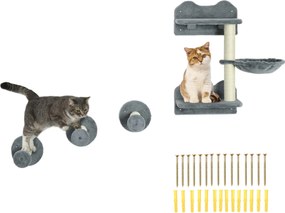 PawHut Kočičí Lezecká Stěna, 4 díly, včetně 1 x Skokové Věže, 3 x Rampy na Škrábání, Sada Lezecké Stěny, Škrabací Strom s Houpacím Křeslem, Stěnová Po