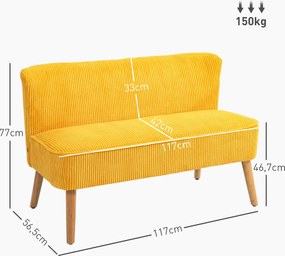 HOMCOM 2místná čalouněná pohovka Dvoumístná pohovka z polyesterové pěny podobné šňůře do obývacího pokoje, ložnice 117 x 56,5 x 77 cm Žlutá | Aosom