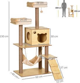 PawHut Kočičí Škrabadlo Výška 130 cm Kočičí Věž se Sisalovými Škrabacími Sloupky 2 Postele Houpací Síť Jeskyně Hračková Koule a Rampou 60x40x130 cm P…