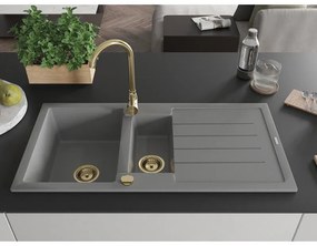 Mexen Andres, granitový dřez 1000x500x200 mm, 1,5-komorový, šedá se zlatým sifonem, 6515101510-71-G