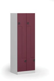 Kovová šatní skříňka Z, 4 oddíly, 1850 x 600 x 500 mm, kódový zámek, červené dveře