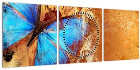 Obraz - Modrý motýl (s hodinami) (90x30 cm)