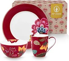 Pip Studio Blooming Tales snídaňová sada - tmavě červená (Porcelánová sada na snídani - třídílná )