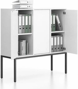 Kancelářská skříň FRAME, nízká, černá podnož, 3x dveře, 1299 x 450 x 1331 mm, PUSH-lock, bílá
