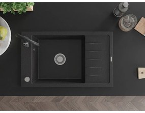 Mexen Elias, 1-komorový granitový dřez s odkapávačem 80x48 cm a kuchyňskou baterií Telma, černá-stříbrná, 6511-73-670200-70