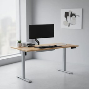 Výškově nastavitelný stůl OfficeTech B, 140 x 80 cm, šedá podnož, dub zlatý