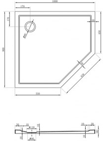 Mexen Flow, pětiúhelníková sprchová vanička slim 100 x 90 cm, levá, černá matná - 46P709010L