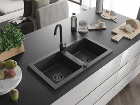 Mexen Mario, granitový dřez 820x436x161 mm, 2-komorový, černá-skvrny s černým sifonem, 6504822000-76-B