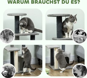 PawHut Škrabadlo 103 cm, kočičí strom s kočičí jeskyní, platformami, sisalovými škrabacími sloupky, plyšový míček pro kočky do 5 kg, šedá