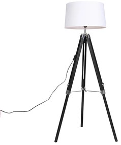 Stojací lampa se třemi nohami černá s abajurem 45 cm z lněného plátna bílé