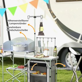 Skládací kempingová kuchyňka Outsunny s UV ochranou a větrnou zábranou, venkovní kuchyňka se 3 pracovními deskami a skříňkou, hliníkový stojan na svě…