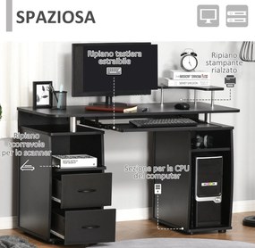 HOMCOM Moderní Počítačový Stůl, Kancelářský Stůl ze Dřeva s Šuplíky, Vysunovací Policí a Zásuvkou na Klávesnici, 120x55x85cm, Černý
