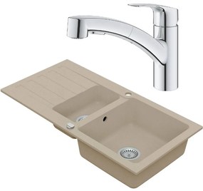 Vima Dřezový set Grohe 6/A- Granitový dřez, 1,5 sektoru, 96x48cm, Písková + Dřezová baterie Grohe Eurosmart