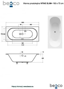 BESCO Obdélníková vana VITAE SLIM+ Barva sifonu - Černá, Nožičky k vaně - S nožičkami, Rozměr vany - 160 × 75 cm VANVIT16SLIMPLB+OLVPINOZ