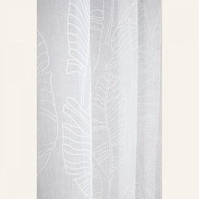 Bílá záclona Flory se vzorem listů a stříbrnými průchodkami 140 x 240 cm