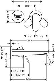 Hansgrohe Rebris S, umyvadlová baterie pod omítku, pro montáž na stěnu, s výtokem 20 cm, 2-otvorová instalace, chromová, 72528000